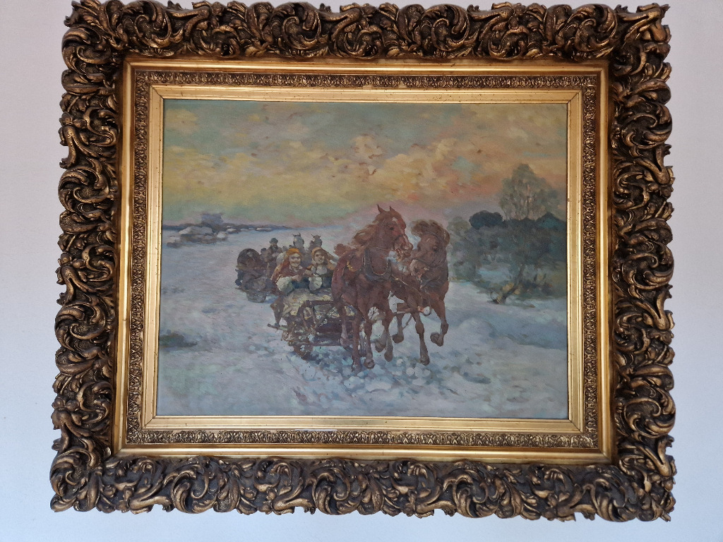 Stary obraz olejny w złotej ramie duży format 120x100 cm zimowy kulig ...