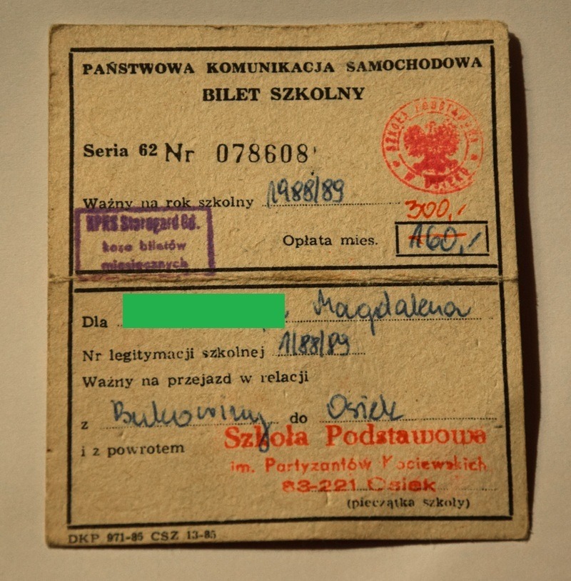 PKS bilet miesięczny szkolny PRL 1988/89 | Smętowo Graniczne | Licytacja na Allegro Lokalnie