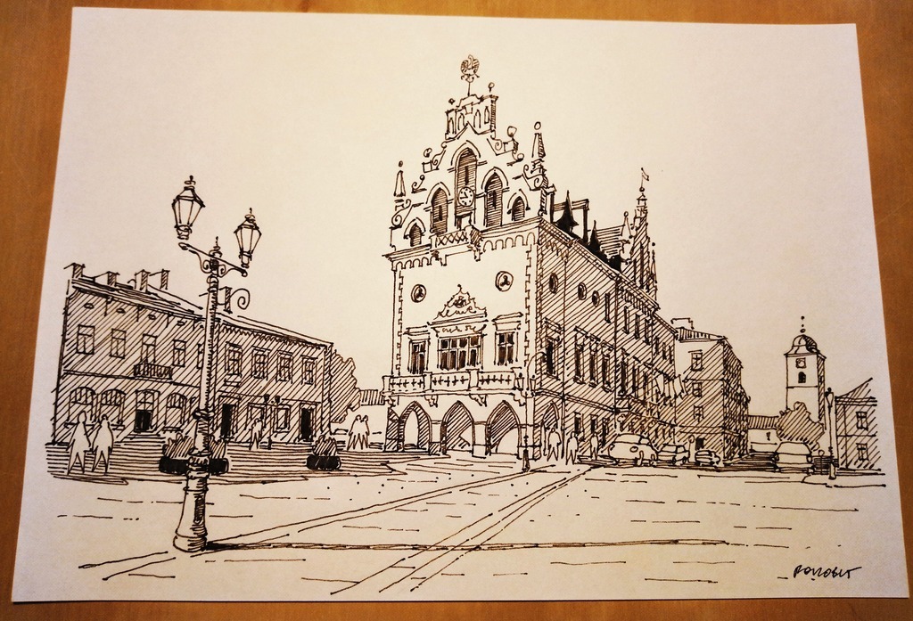 UNIKAT rysunek Rzeszów ratusz rynek grafika PZU | Warszawa | Licytacja ...
