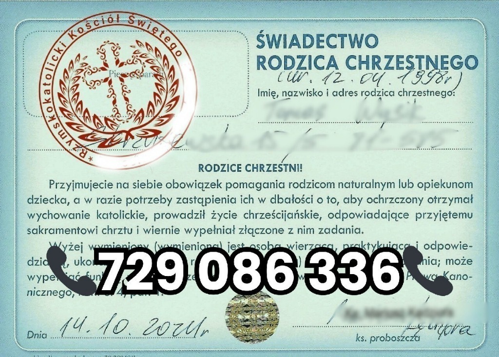 Zaświadczenie dla chrzestnych Bierzmowanie Nauki Przedmałżeńskie | Warszawa | Kup teraz na ...