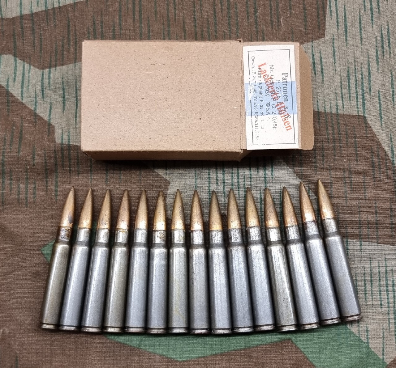 Pudełko i naboje deko 7 92x57 8x57 Mauser Kar98k Gewehr G43 MG42 WH SS ...