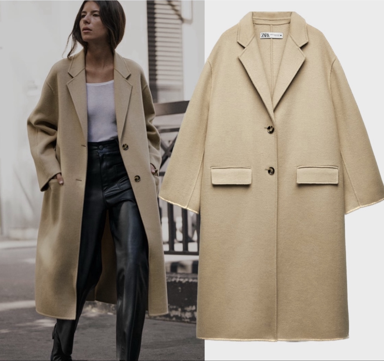 ZARA płaszcz oversize z dwuwarstwowej tkaniny z wełną camel beż XS S ...