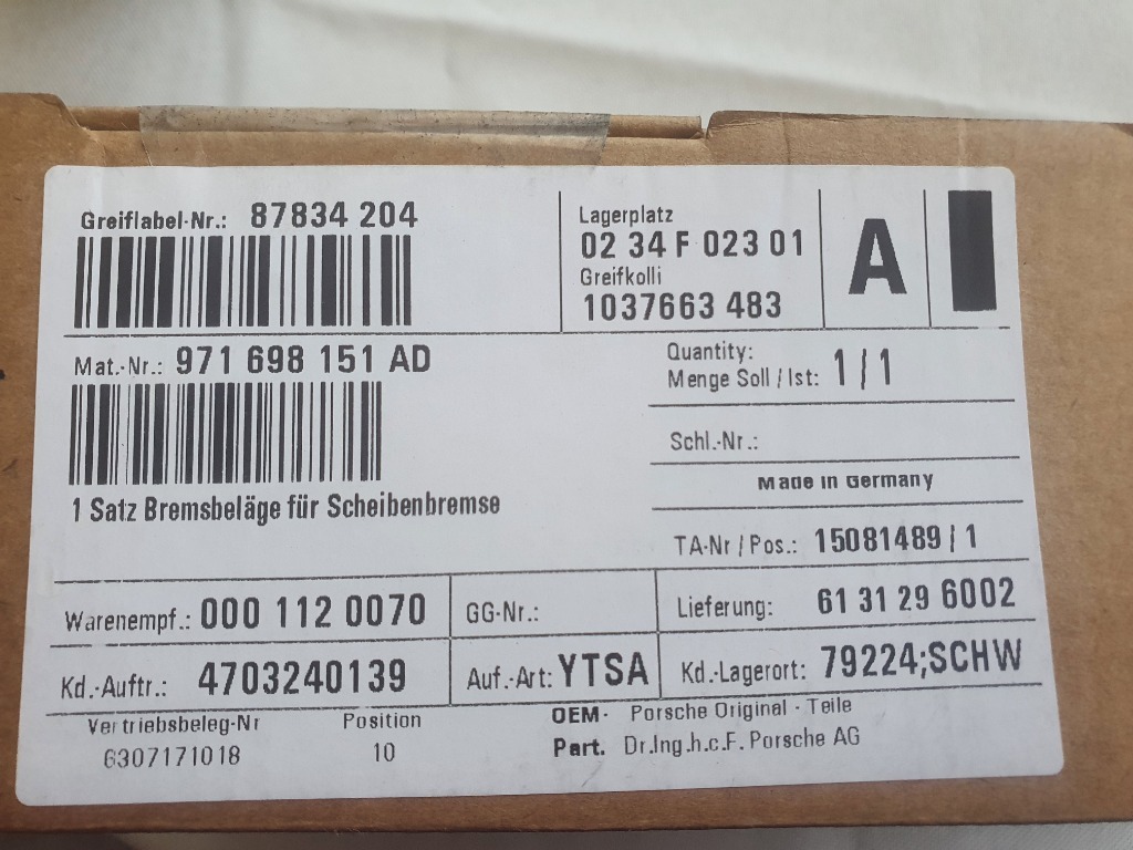 Klocki Porsche 971 698 151 AD 2 komplety | Warszawa | Kup teraz na ...