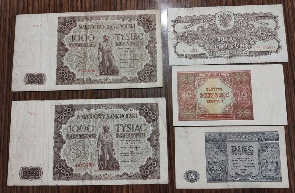 STARE BANKNOTY POLSKIE 1944 1946 1947 ZESTAW 5 SZTUK | ŻELECHÓW | Licytacja na Allegro Lokalnie