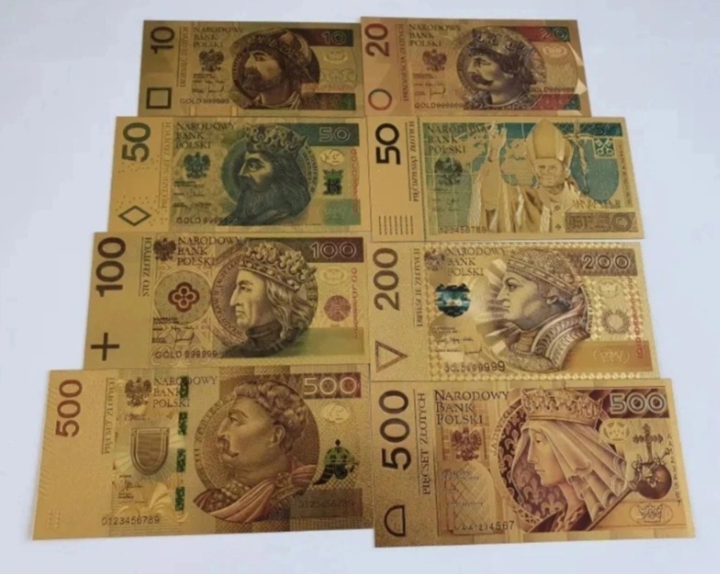 Pozłacane 24k złotem banknoty PLN EURO DOLAR UNC | Warszawa | Licytacja ...
