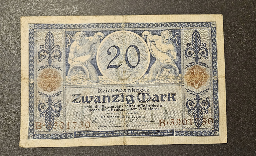 Zwanzig Mark ReichsBAnknoTe Berlin 1915 Banknoty Niemieckie | Racibórz ...