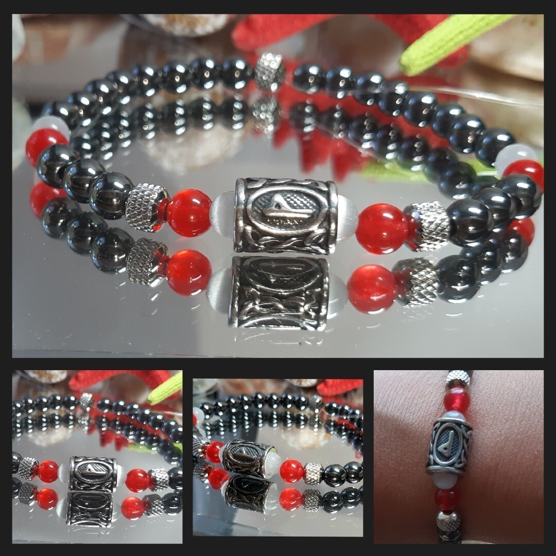 BRANSOLETKA JAK FLAGA POLSKI RUNA STAL KAMIEŃ HEMATYT AGAT 18 cm lub ...