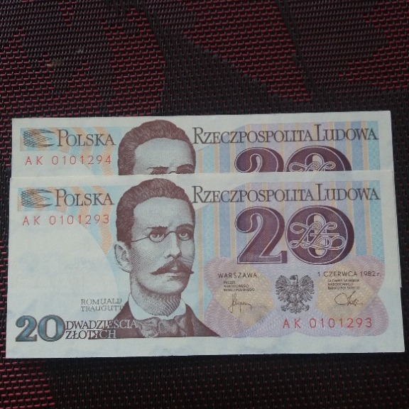 2 banknoty polskie 20zl, KOLEJNE NUMERY, 1982 | Olsztyn | Licytacja na ...