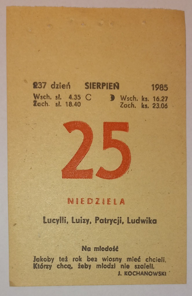Kartka z kalendarza niedziela 25 sierpnia 1985 | Kraków | Kup teraz na ...