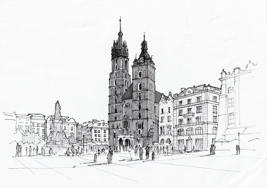 Kościół Mariacki, Rynek Kraków - rysunek, grafika | Warszawa | Kup ...