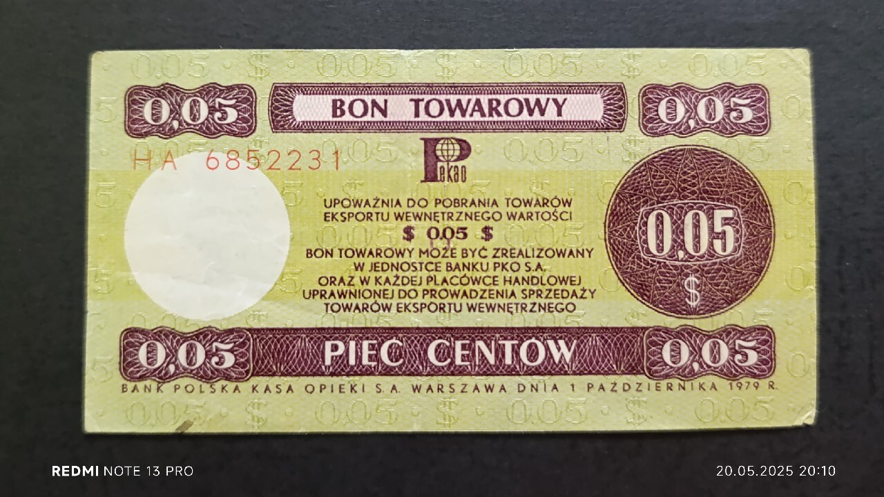 Stary banknot Bon towarowy Pewex 5 centów 1979 rok PRL | Będzin | Kup ...