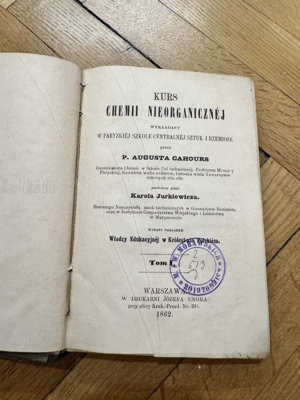 Kurs Chemii Nieorganicznej Cahorus Jurkiewicz 1862 tom I tablice ...