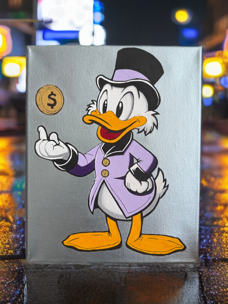 Obraz popart–Sknerus McKwacz z monetą symbol sukcesu i bogactwa 24x30 ...