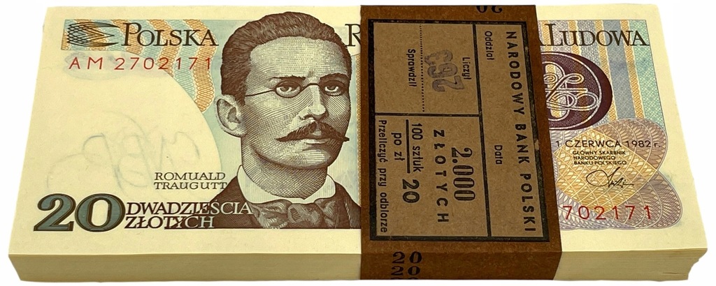 paczka bankowa 20 zl 1982 seria AM, 100 sztuk UNC - 12606477577 ...
