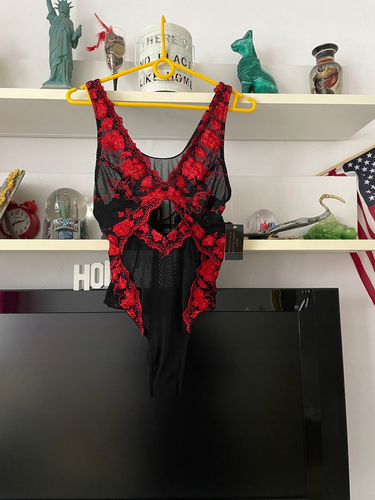 BODY LINGERIE CZARNE CZERWONY BOGATY HAFT W KWIATY NOWE - 14862843407 ...