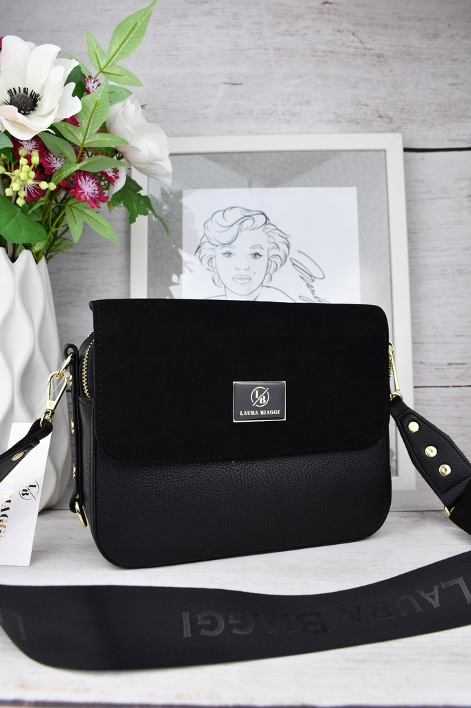 Torebka listonoszka Laura Biaggi czarna zamsz - 12017601234 - oficjalne archiwum Allegro