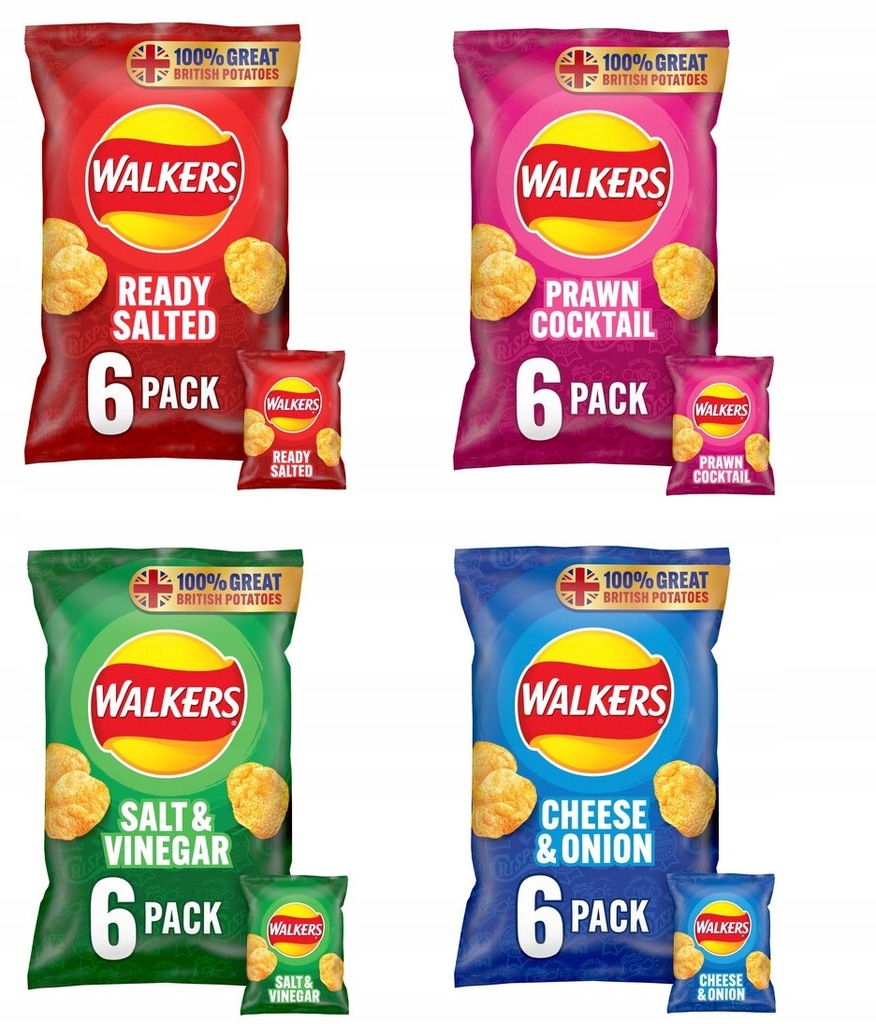 4x Walkers chipsy 6x25g salt vinegar onion prawn - 12625036820 - oficjalne archiwum Allegro