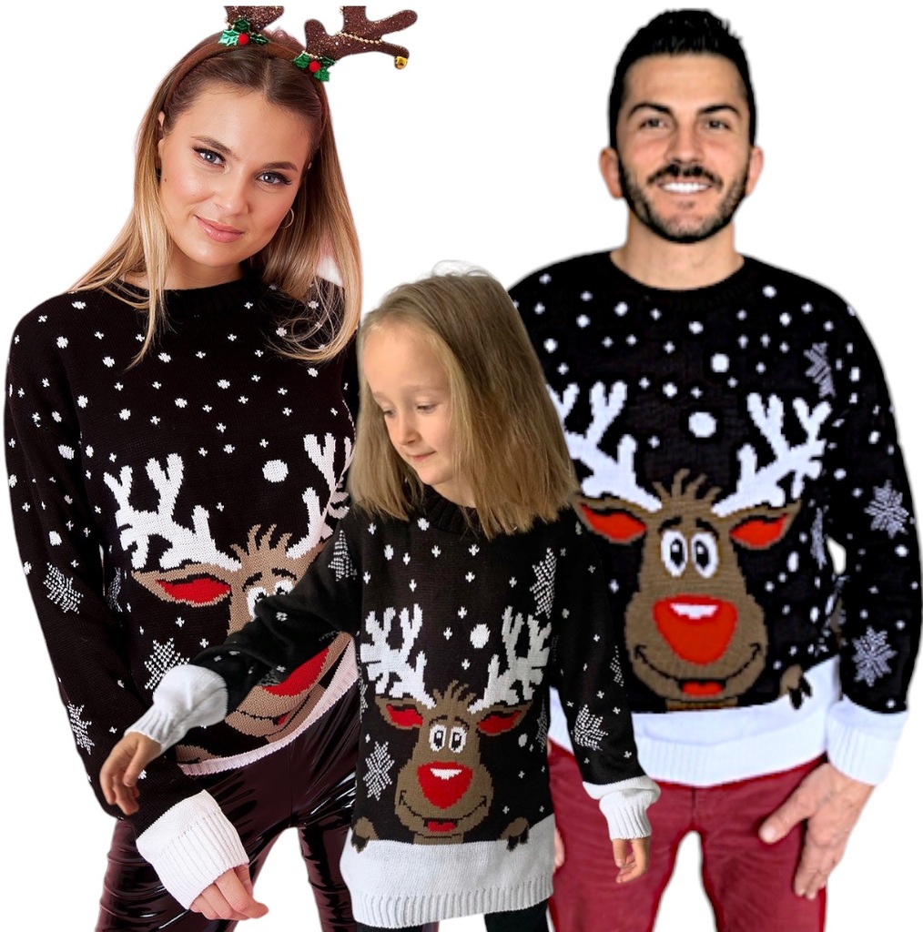 SWETRY ŚWIĄTECZNE DLA RODZINY CZARNO BIAŁE Z UROCZYM RENIFEREM ZESTAW 2 ...