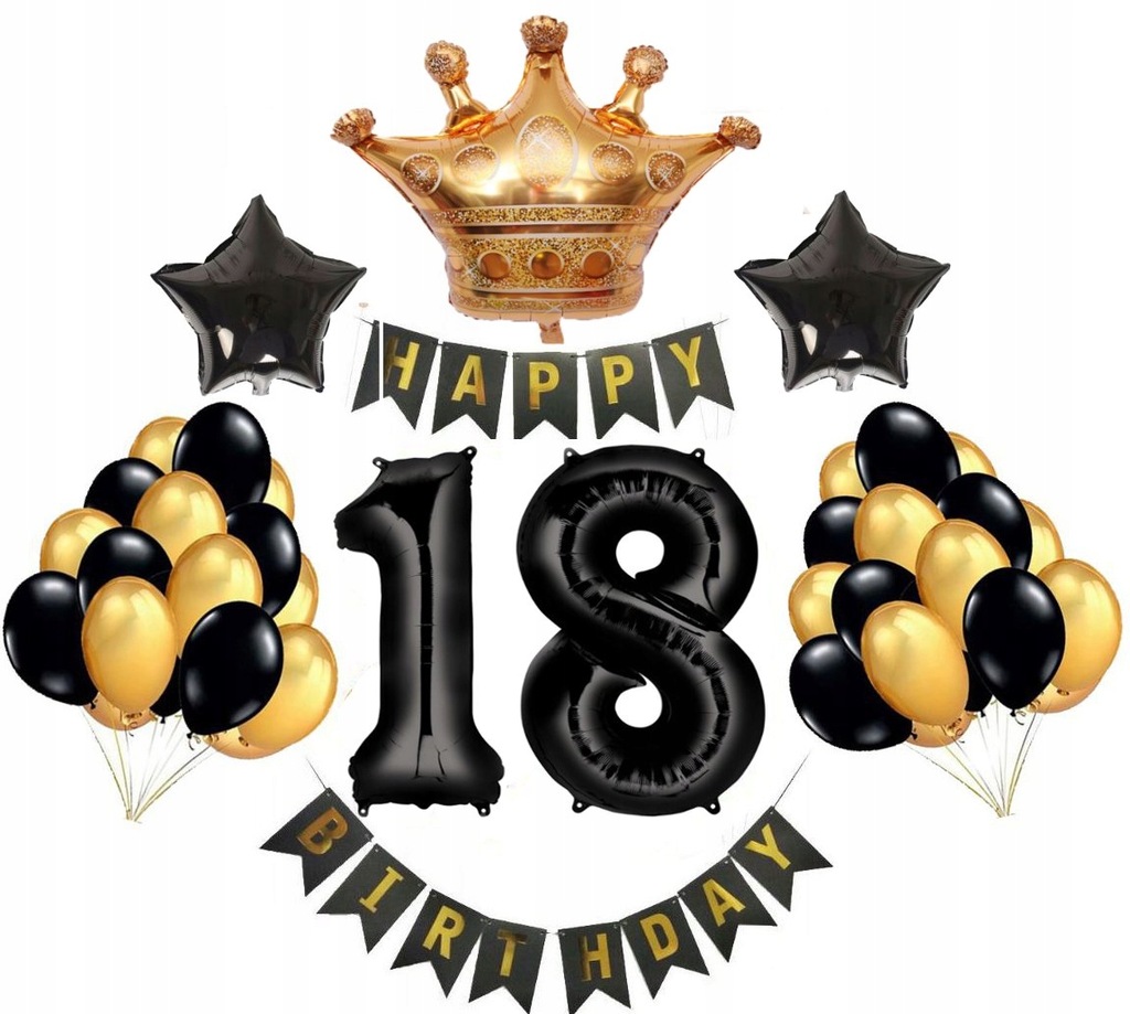 ZESTAW BALONY 18 URODZINY OSIEMNASTKA złote KORONA - 8501951485 - oficjalne archiwum Allegro