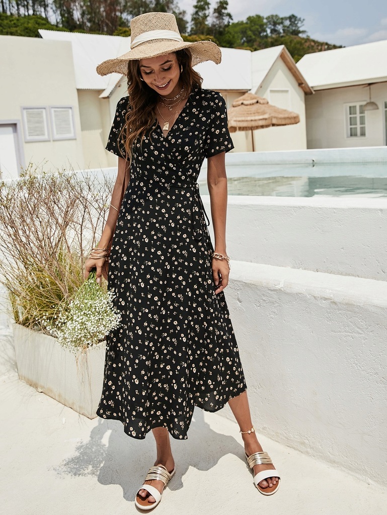 SHEIN SUKIENKA WIĄZANA PROSTA CZARNA KWIATY 36 VWI - 14173861124 - oficjalne archiwum Allegro