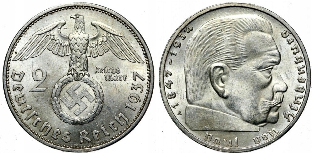 2 marki (1937 A) III Rzesza Niemiecka - Hindenburg Swastyka AG 0,625 ...