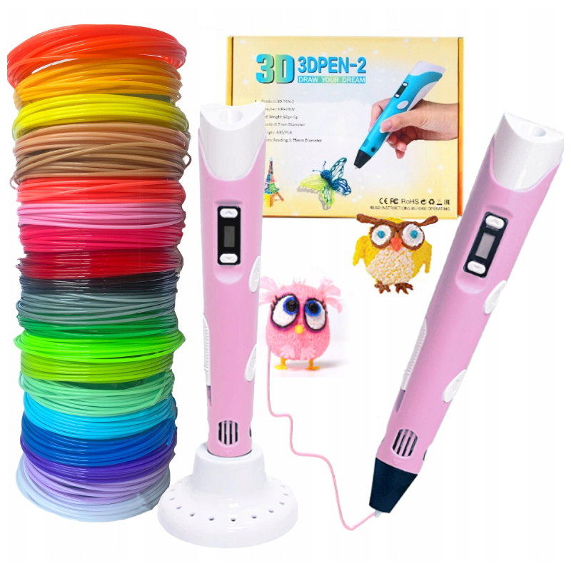 DRUKARKA DŁUGOPIS 3D PEN 2 DLA DZIECI ZESTAW + WKŁADY 150 METRÓW PLA RÓŻOWY - 12691230054 ...