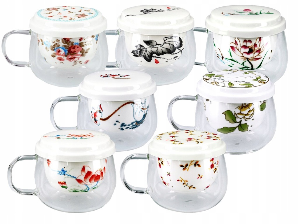 Kubek szklany z ceramicznym zaparzaczem i przykrywką. - 15971732866 - oficjalne archiwum Allegro