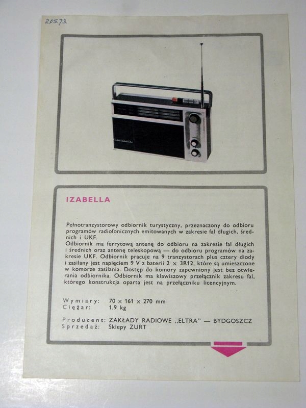 Unitra Eltra - radioodbiornik Izabella - ulotka reklamowa PRL ...