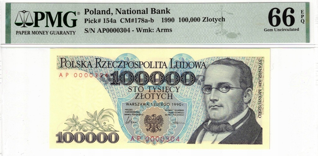 100 000 zł 1990 Moniuszko niski numer AP 0000304 - PMG 66EPQ - 15274856499 - oficjalne archiwum ...