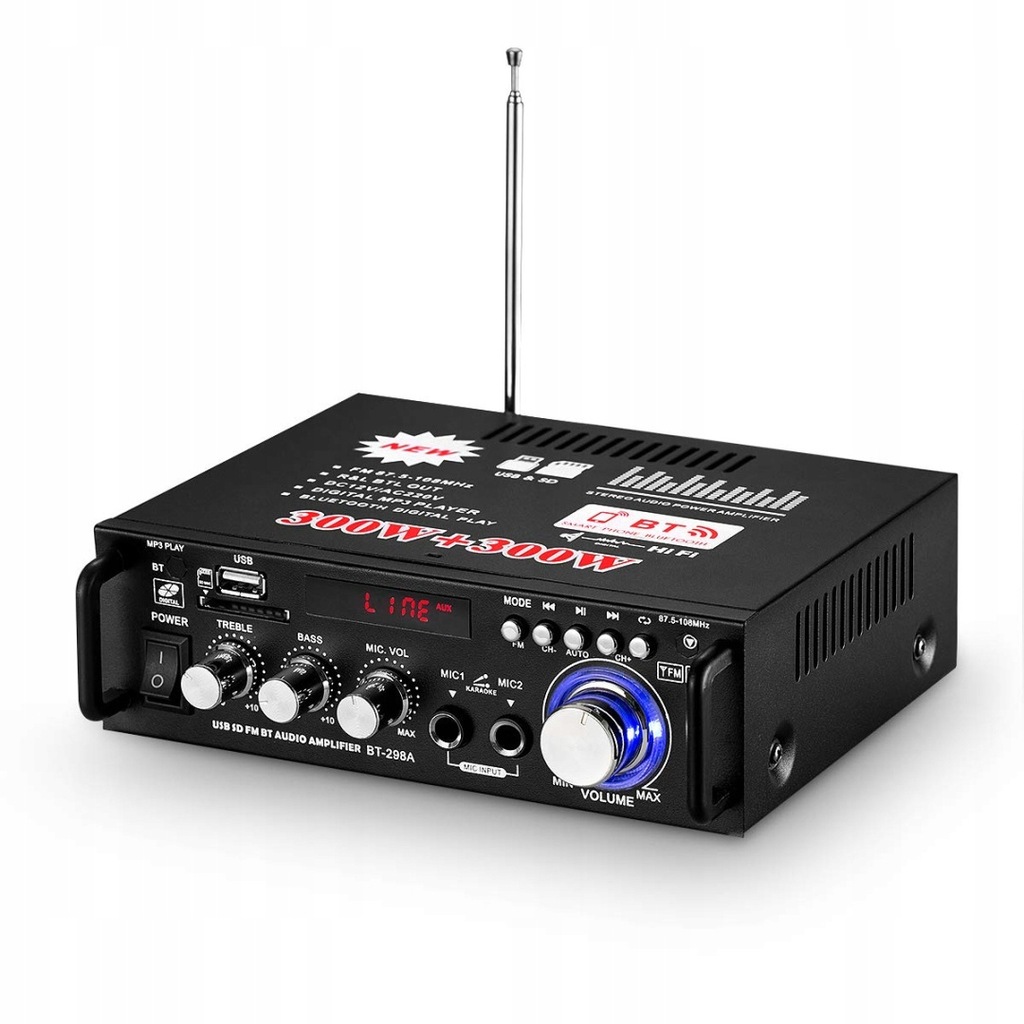 AMPLITUNER WZMACNIACZ STEREO 2-KANAŁOWY Bluetooth SD FM 600W 220/12V - 14897893036 - oficjalne ...