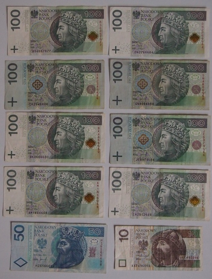 Banknoty PLN 100 + 50 + 10 zł zestaw _ RADAR 66666 - 9991526214 ...