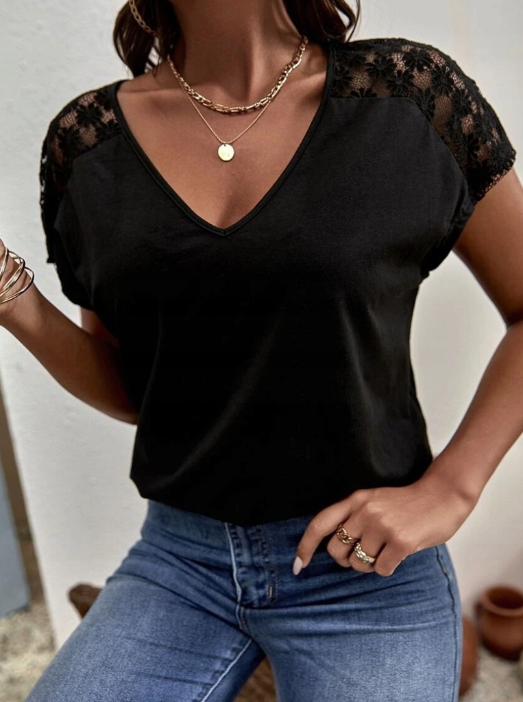SHEIN bluzka L 40 czarna koronka krótki rękaw - 13554379634 - oficjalne archiwum Allegro