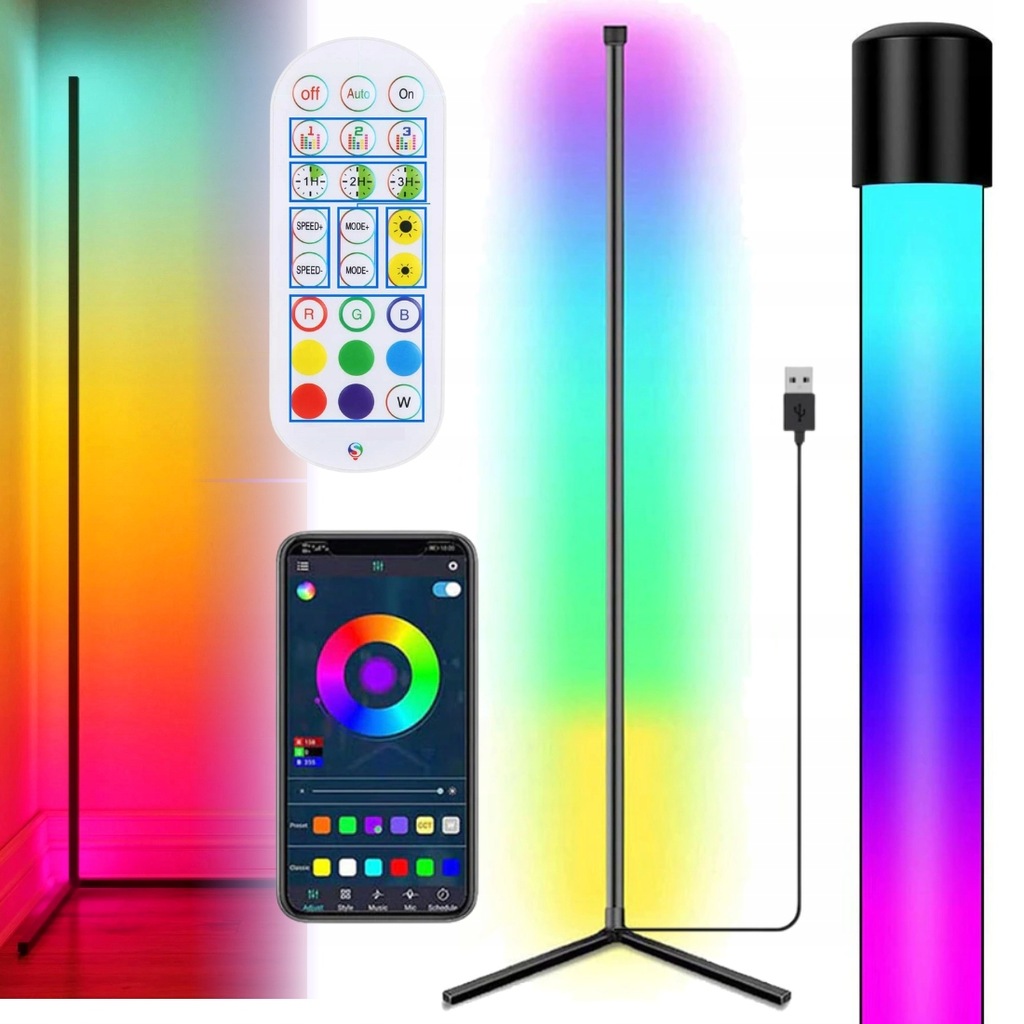 Czarna LAMPA LED RGB NAROŻNA STOJĄCA 150cm +PILOT - 12857215602 ...