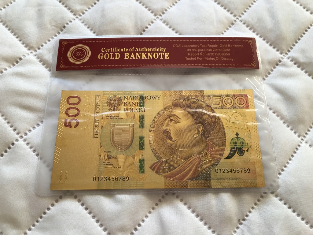 Banknot złoto 24k 500 ZŁ Jan lll Sobieski COA - 9007580763 - oficjalne archiwum Allegro