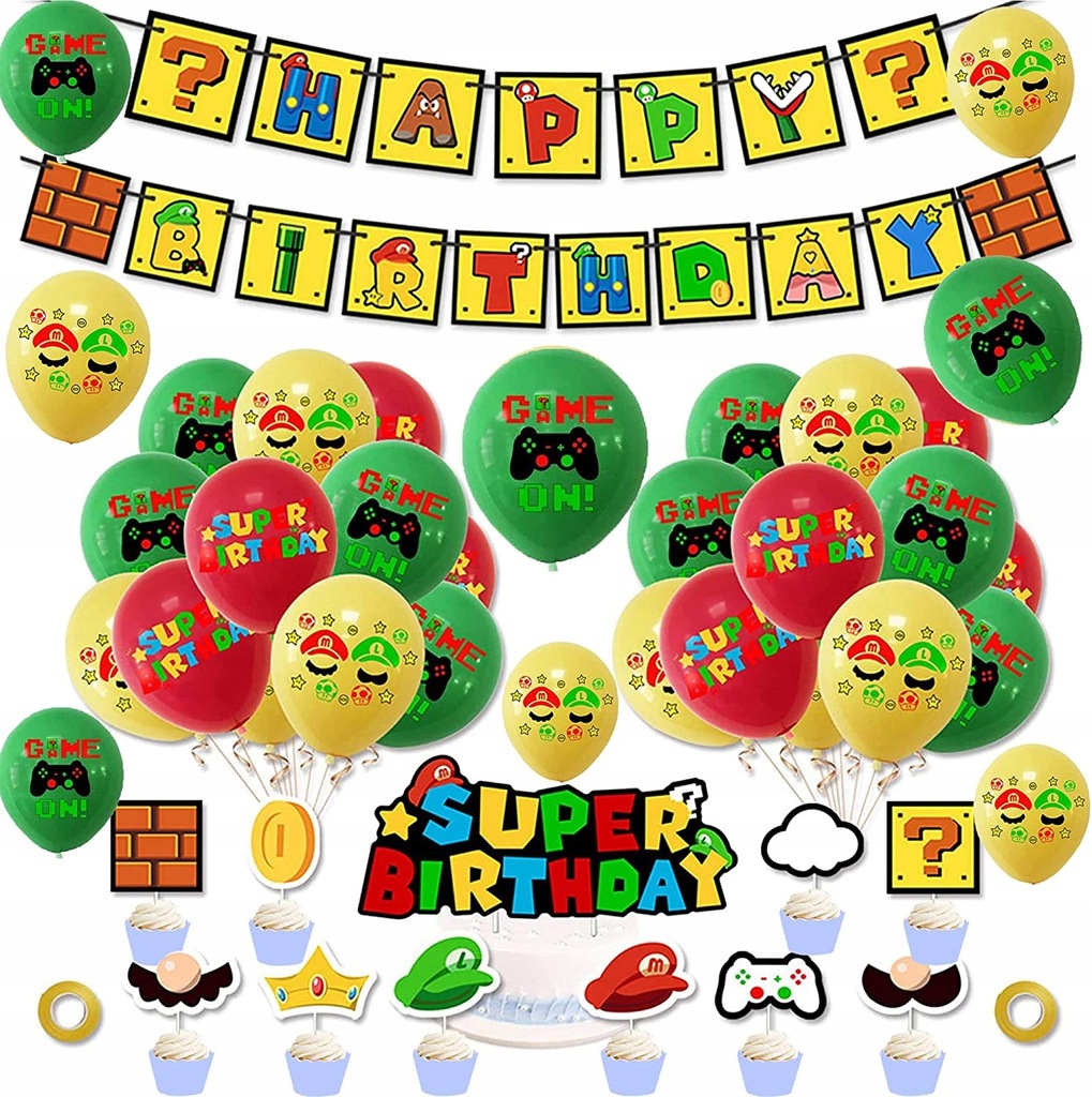 ZESTAW NA URODZINY SUPER MARIO HAPPY BIRTHDAY - 13371993842 - oficjalne ...