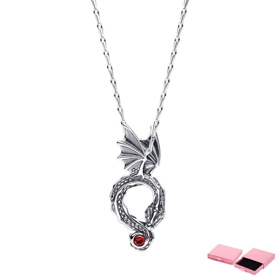 S925 Srebro Naszyjnik z zawieszką Smok z czerwonym kamieniem Gra o tron ...