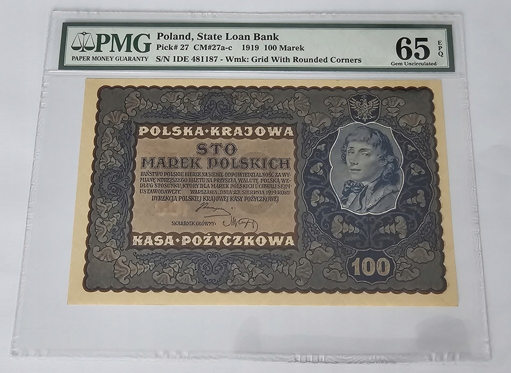 100 Marek z 1919 r ID serja E Nr 481187 PMG 65 EPQ - 14824163944 ...