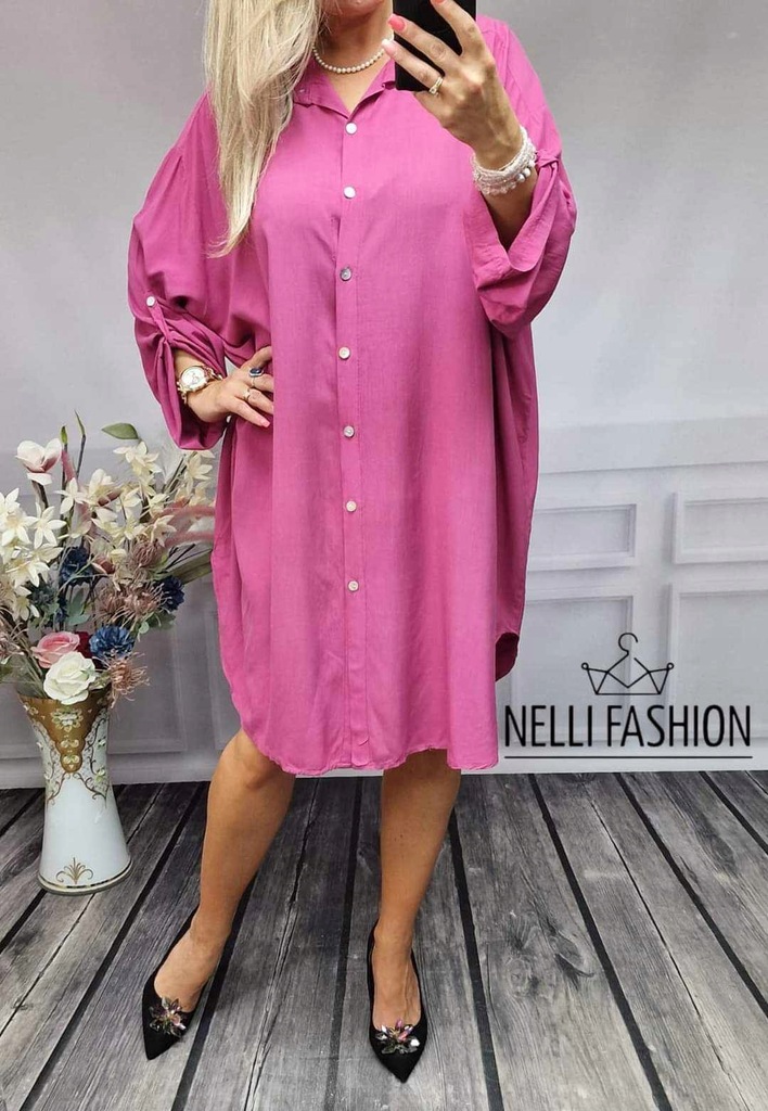 Rewelacyjna koszula sukienka koszulowa fuksja delikatna lekka 52 54 56 - 15045603604 - oficjalne ...