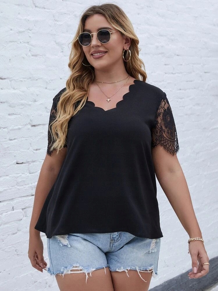 SHEIN CZARNA BLUZKA V NECK KORONKA (2XL) - 12962975043 - oficjalne archiwum Allegro