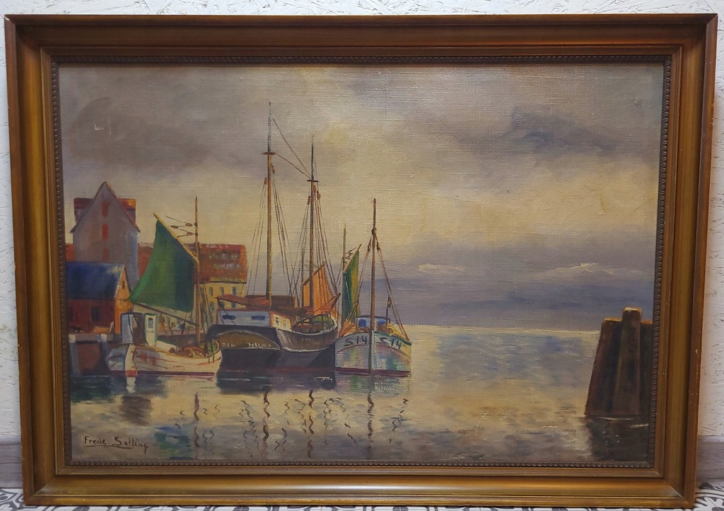 FREDE SALLING (1910 -) ŁODZIE W PORCIE PIĘKNY STARY OBRAZ OLEJNY NA ...