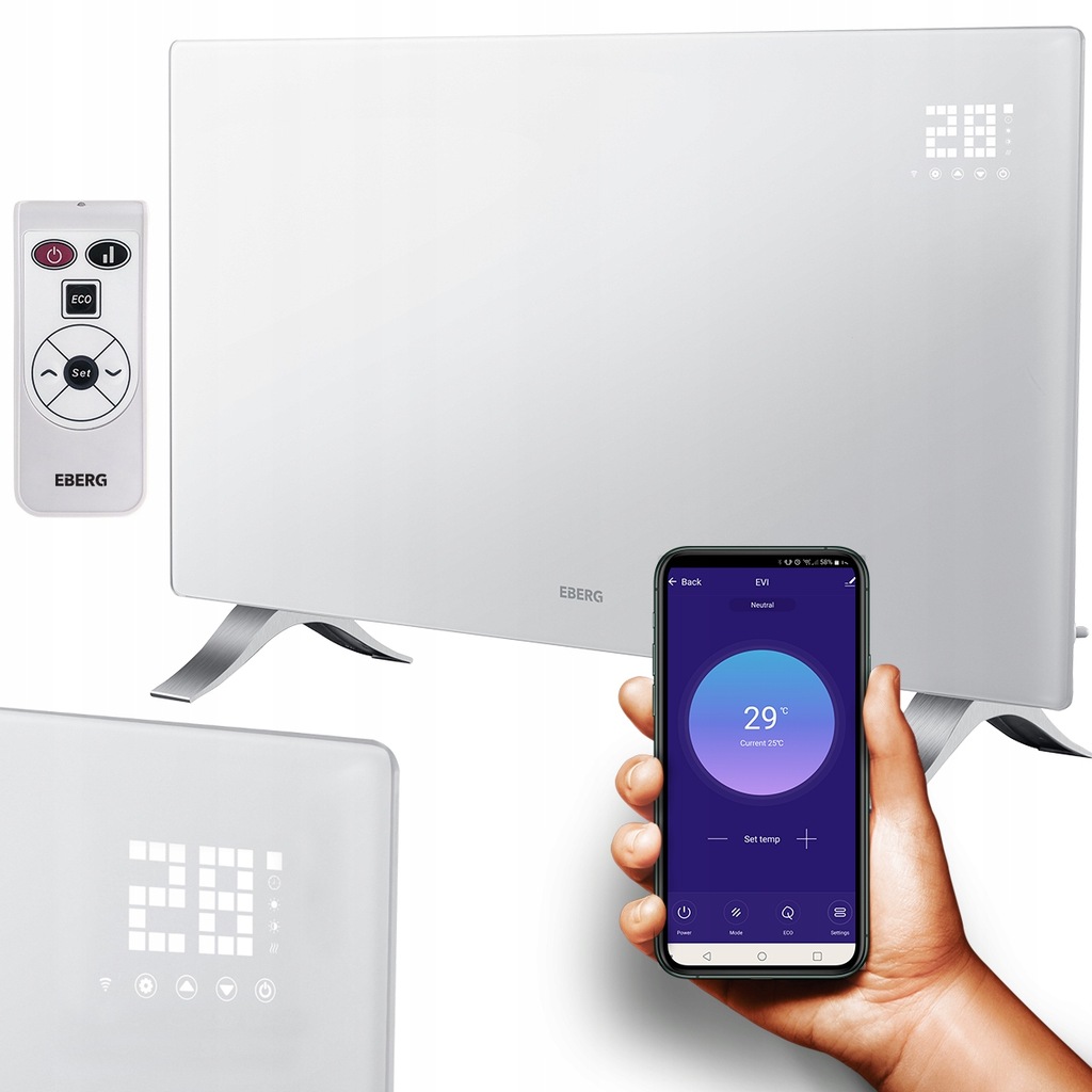 Grzejnik elektryczny szklany EBERG 2000W LED WiFi - 9658300340 ...