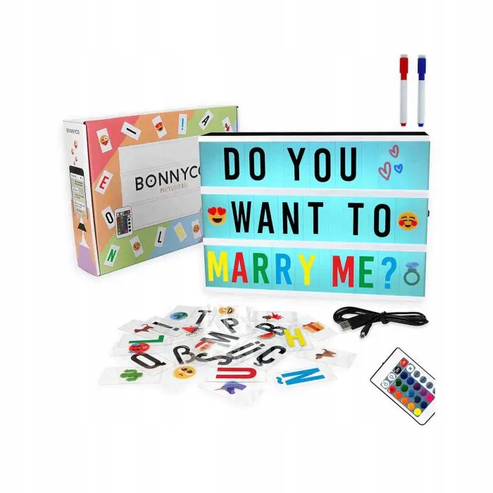 Light Box BONNYCO zmieniający kolor z 400 literami i emotikonami, pilot ...