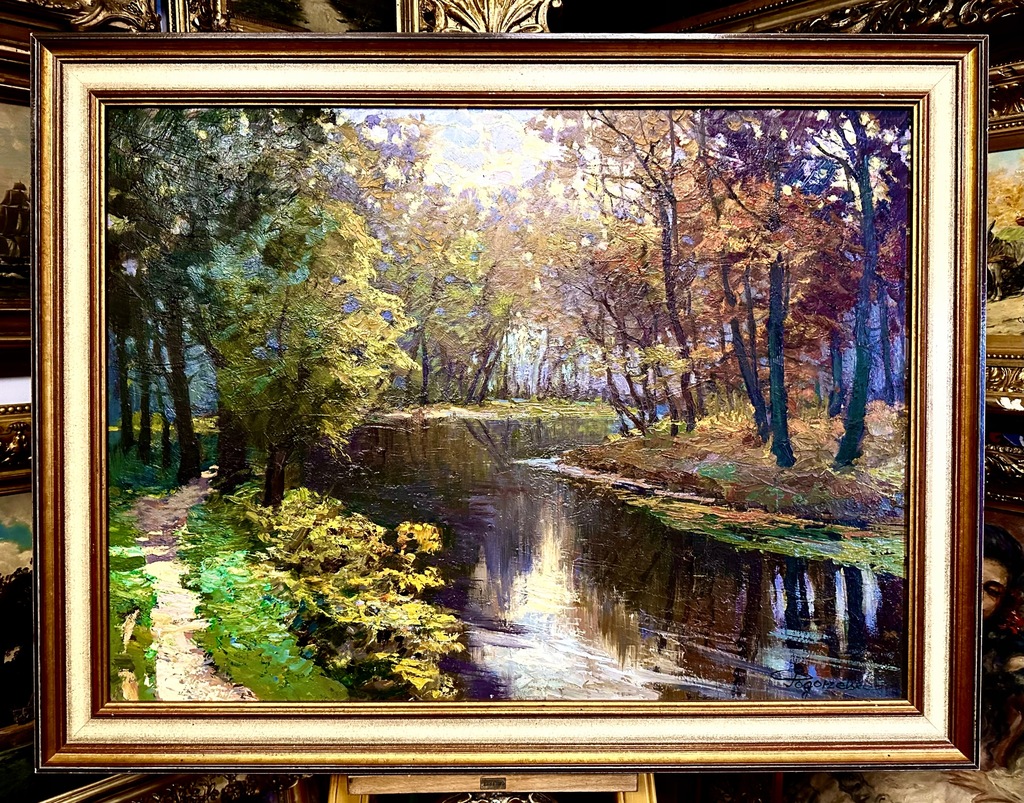 Jerzy POGORZELSKI 1926-2003 PEJZAŻ LEŚNY I RZEKA 100% ORYGINAŁ POLSKI ...