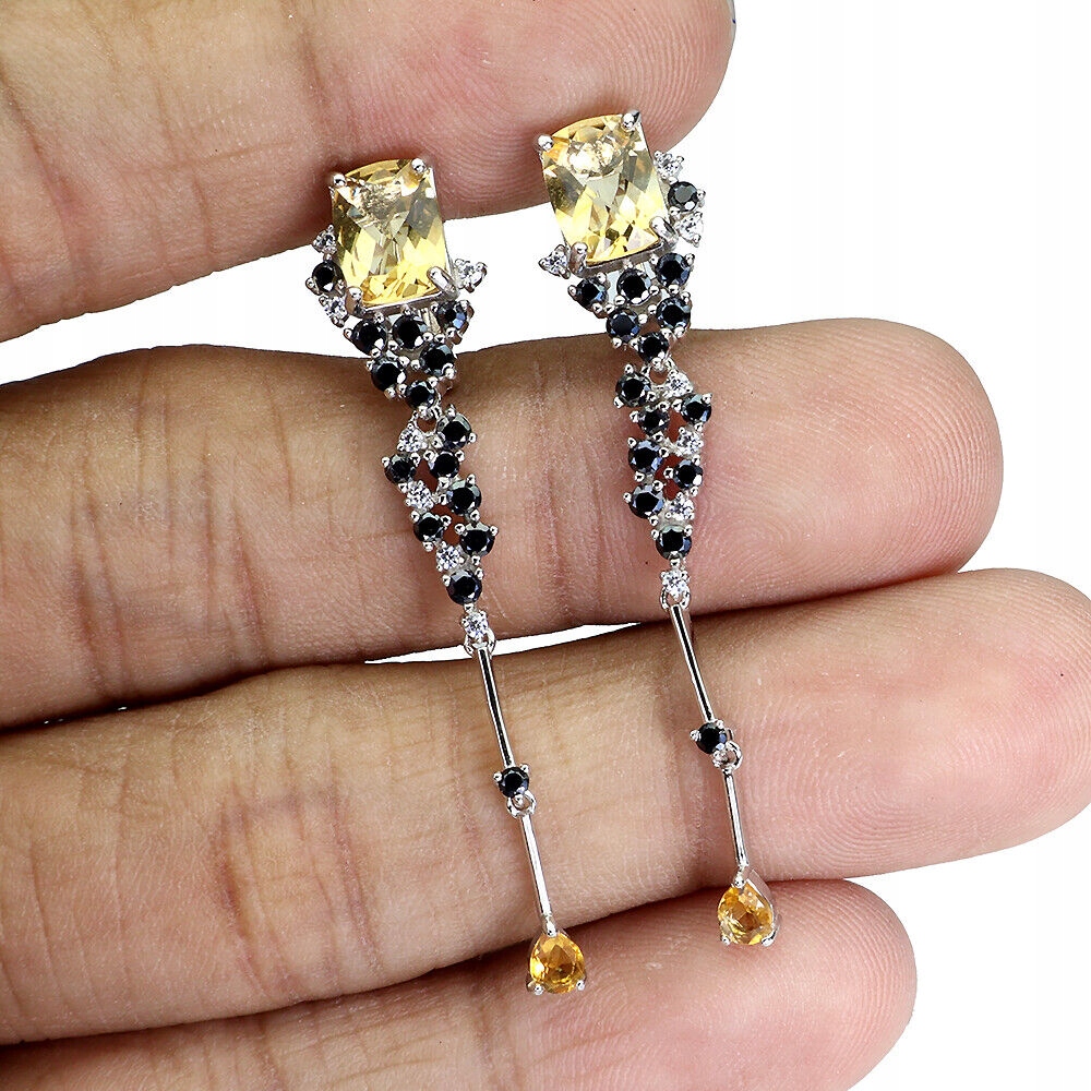 1 925 Piękne srebrne kolczyki naturalne cytryny czarne spinele ...