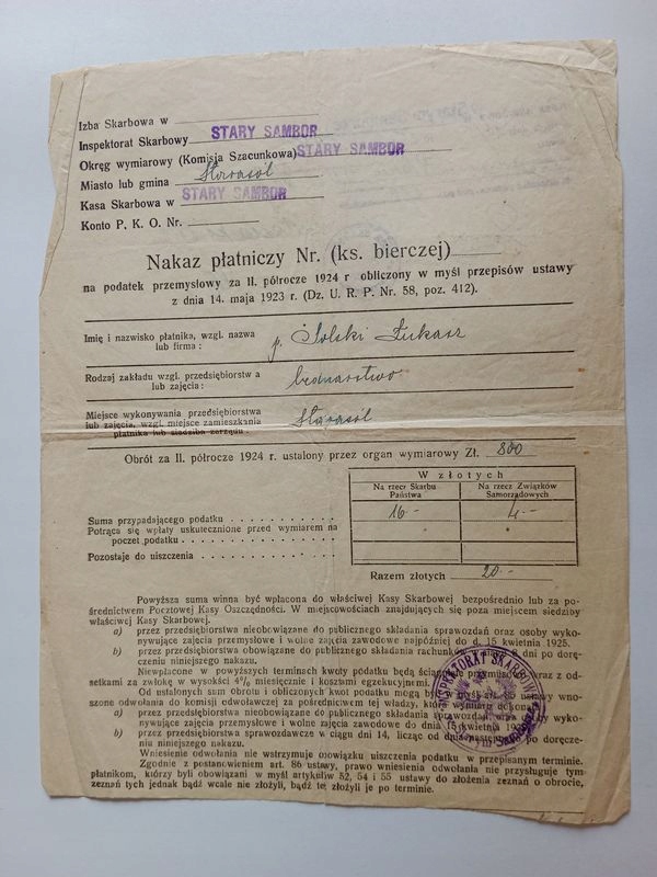 STARY SAMBOR NAKAZ PŁATNICZY 1924R PIECZĄTKA 513D1 - 14023629340 ...