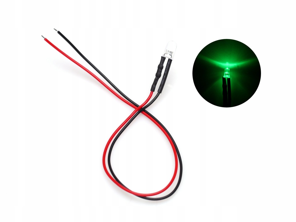 10 x DIODA led 12V 5mm ZIELONA z przewodami 20cm - 13867333204 - oficjalne archiwum Allegro
