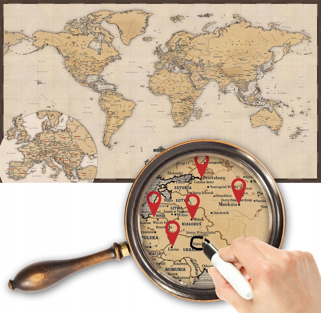 RETRO mapa ŚWIATA na ścianę DO ZAZNACZANIA PODRÓŻY - 8994470422 ...