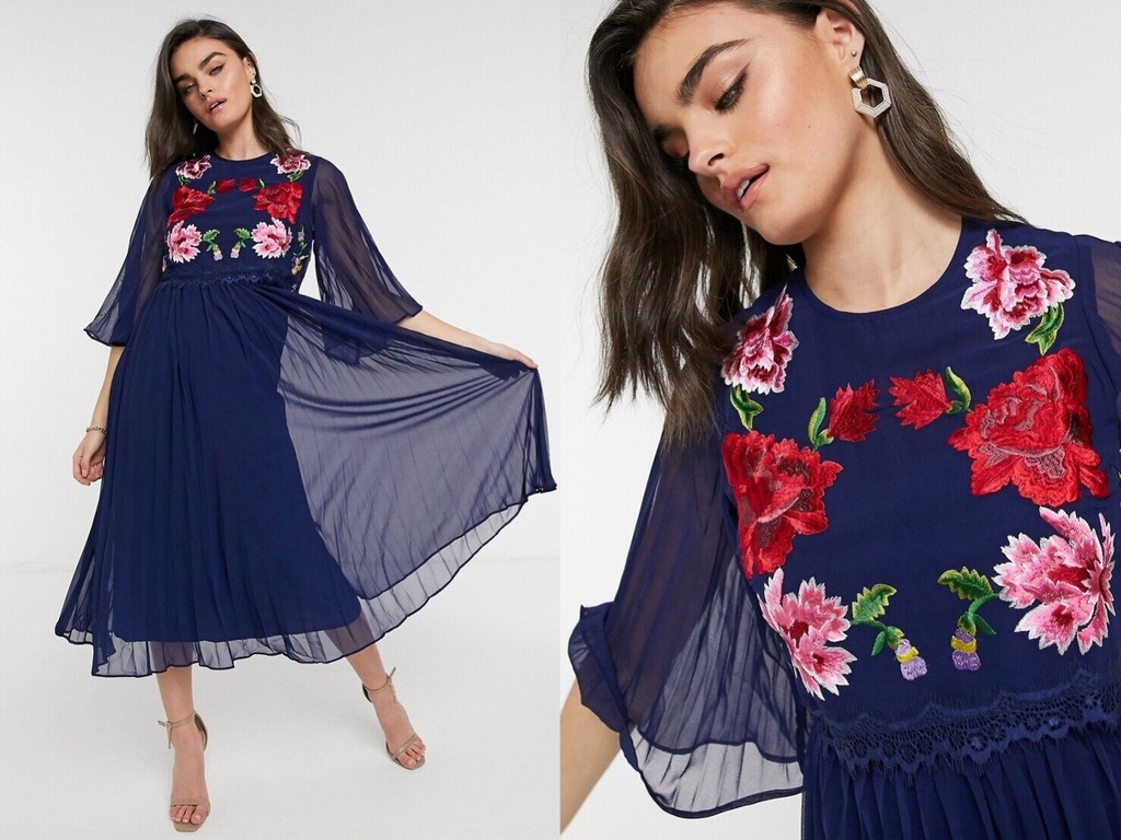 DESIGN Granatowa plisowana sukienka midi haft S - 13561975911 - oficjalne archiwum Allegro