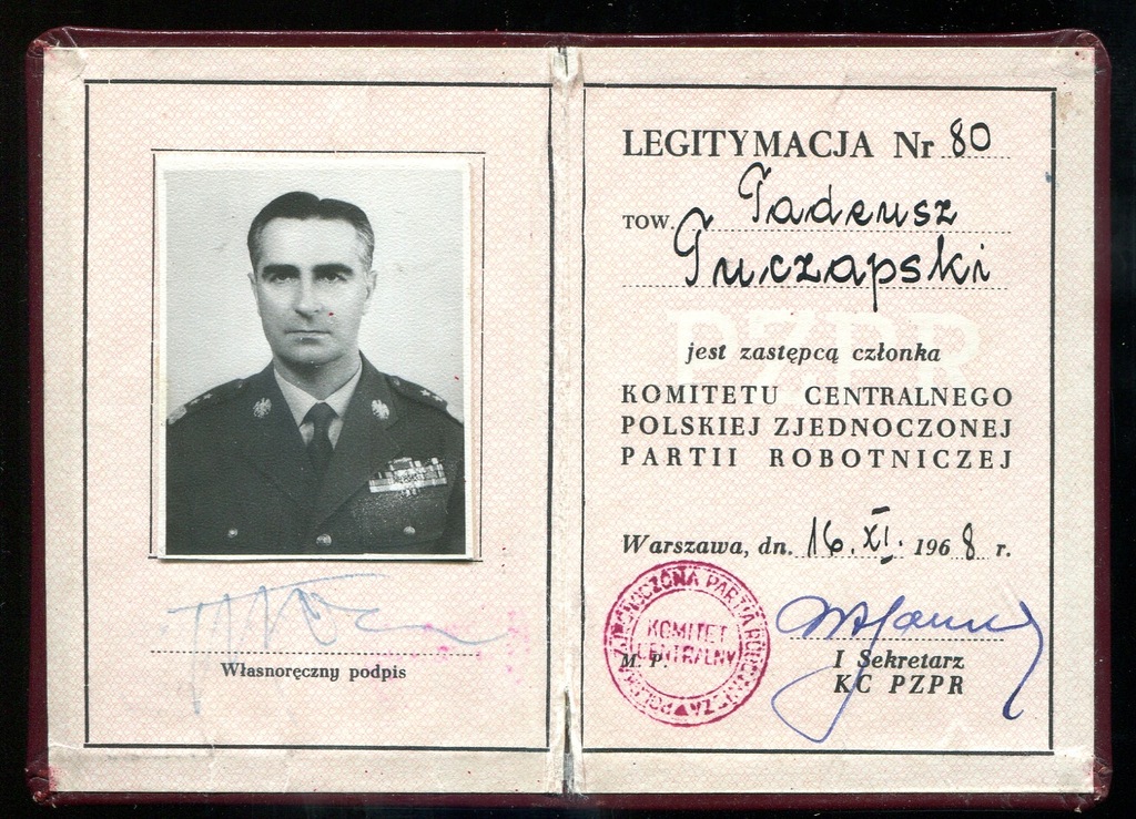 Legitymacja PZPR zastępca członka KC gen.Tuczapski - 13391093693 ...
