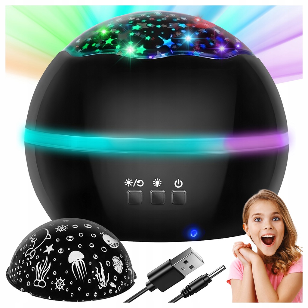 LAMPKA NOCNA projektor gwiazd nieba RZUTNIK dla dzieci 2FILTRY obrotowa USB - 14736472719 ...